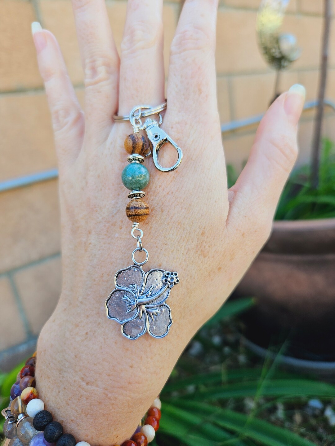 Beaded Flower Keychain, Wood and Quartz Keyring, Silver Floral Keychain ...