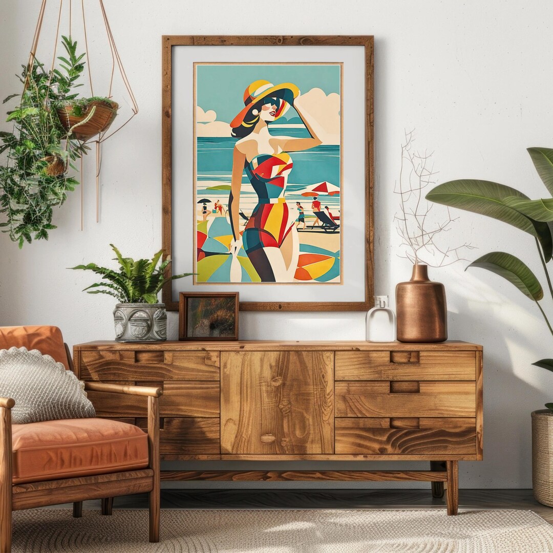Mid-century Modern Beach Babe Art Print Colorful Retro Woman With Sun ...