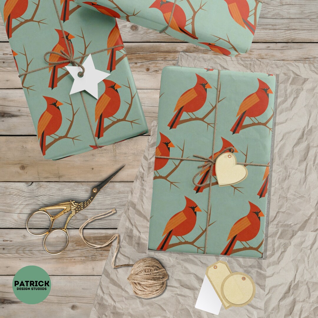 Cardinal Wrapping Paper Retro Bird Gift Wrap, State Bird, Illinois ...