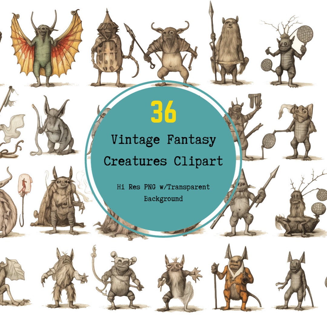 Vintage Fantasy Creatures Clipart 2 Antique Medieval - Etsy