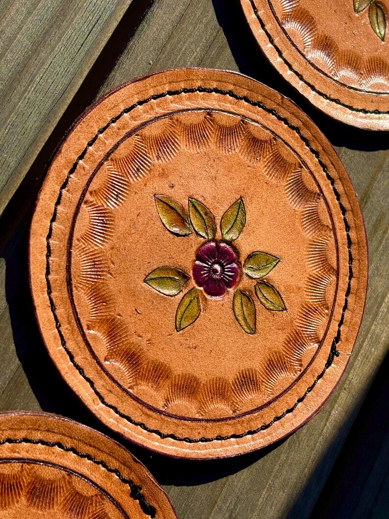 Set of 4 Coasters - Hand Tooled and Painted Leather - Etsy