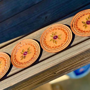 Set of 4 Coasters - Hand Tooled and Painted Leather - Etsy