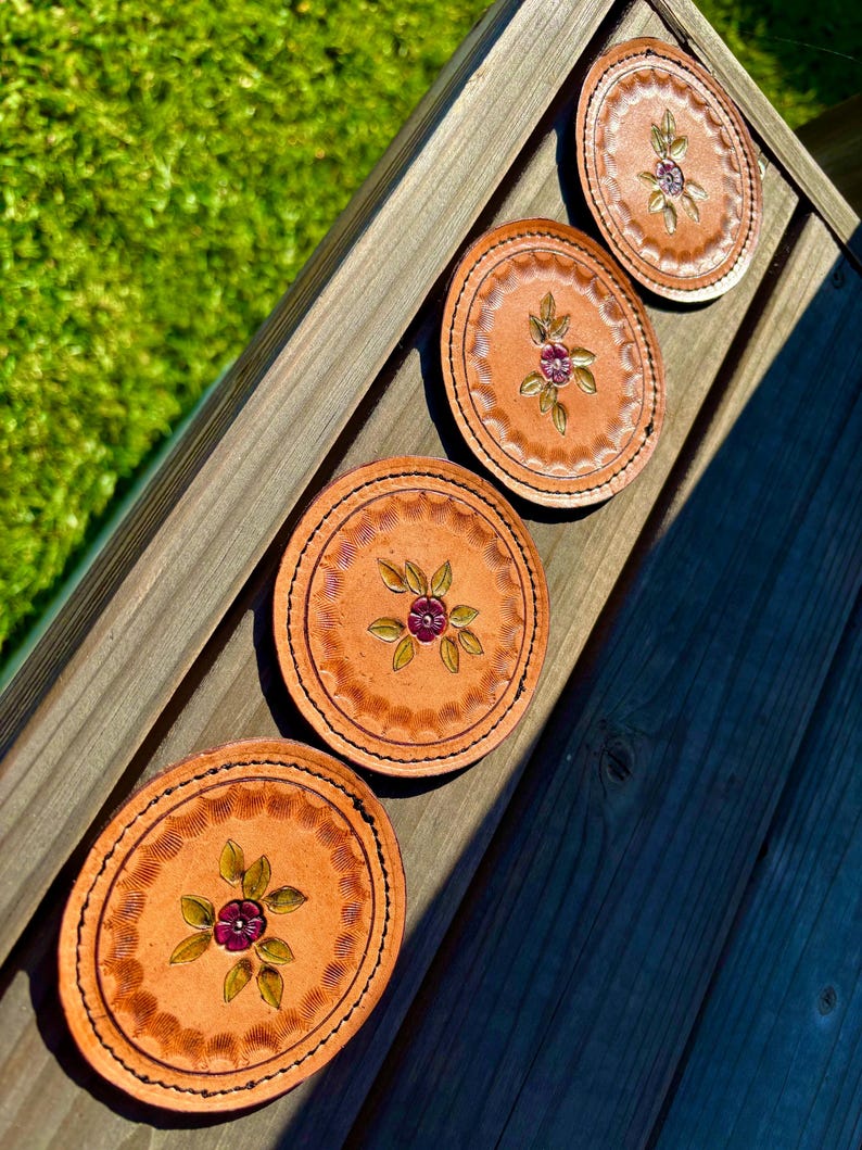 Set of 4 Coasters - Hand Tooled and Painted Leather - Etsy