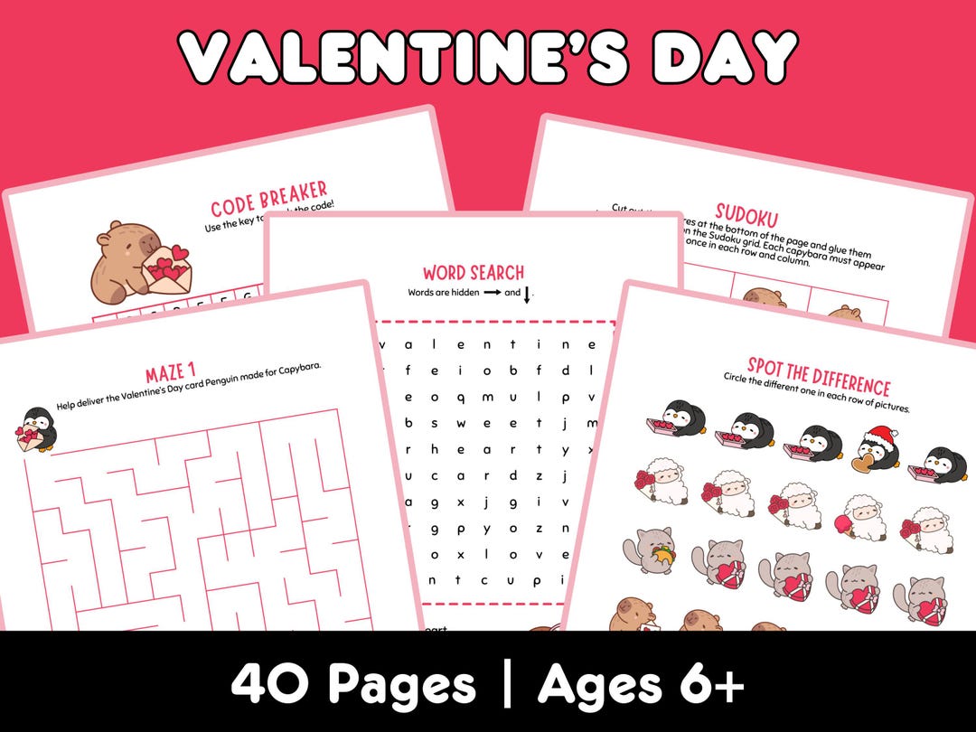 Capybara-themed Valentine's Day Printable Activity Pack for Kids Ages 6 ...