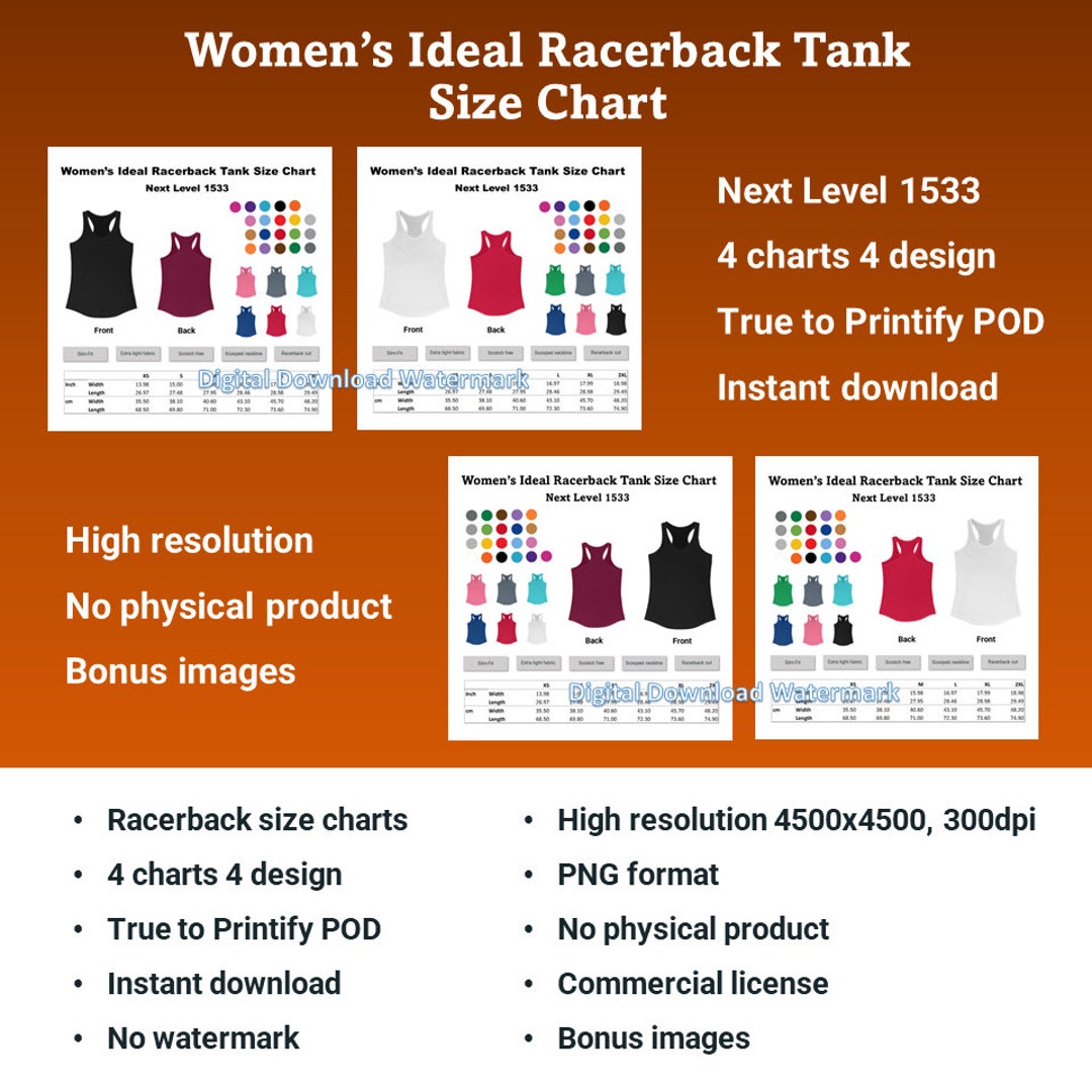 Women's Ideal Racerback Tank Size Charts 2 Styles 4 Charts Size Chart ...