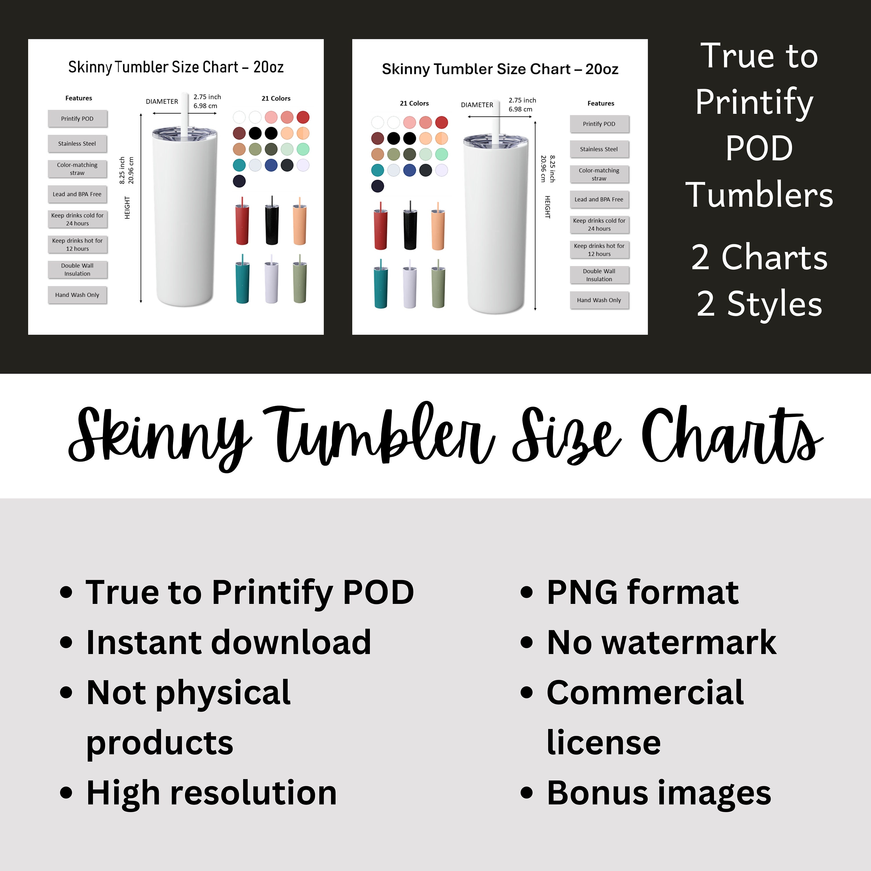 Skinny Tumbler Size Chart Bundle 20oz Tumbler Size Charts 2 Styles 2 ...