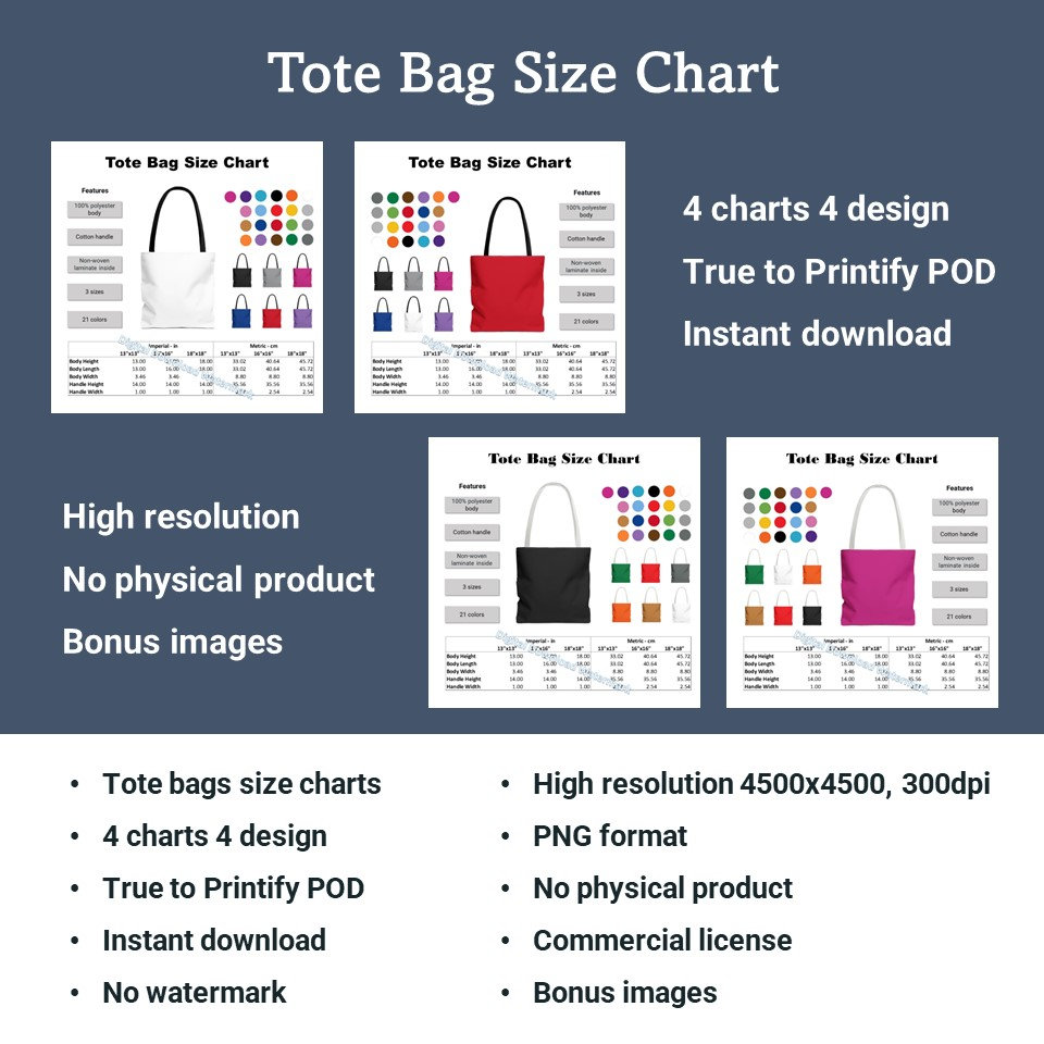 Tote Bag Size Chart Tote Bag Size Charts Fashion Accessories 4 Designs ...