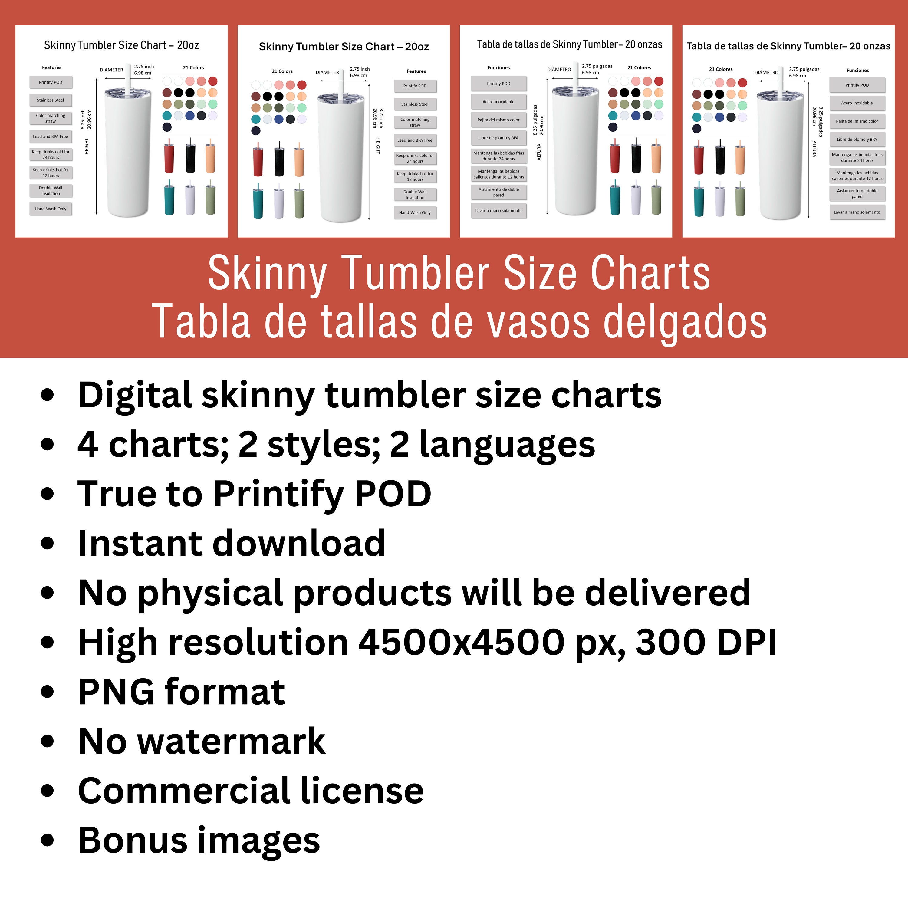 Skinny Tumbler Size Chart Bundle 20oz Tumbler Size Charts English ...