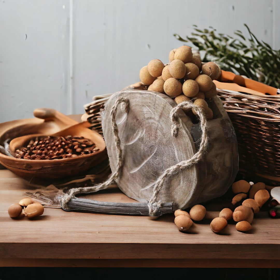 Rustic Hand Carved Wooden Baskets, Vintage Carved Handbag Style Basket ...