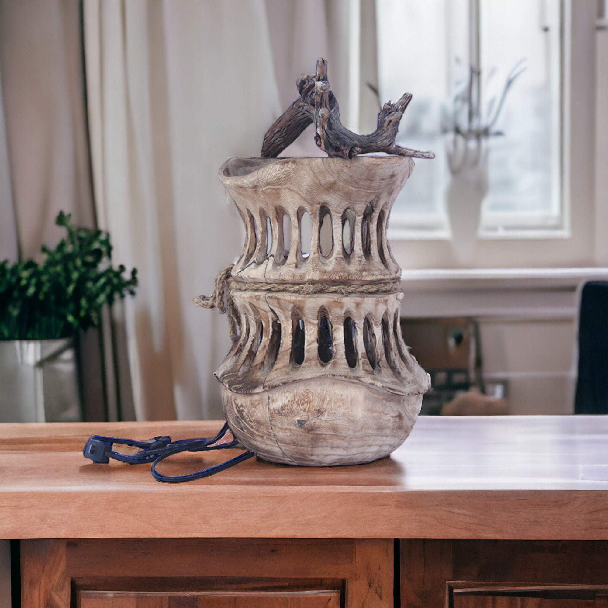 Rustic Hand Carved Wooden Table Lamp, Vintage Farmhouse Decorative ...