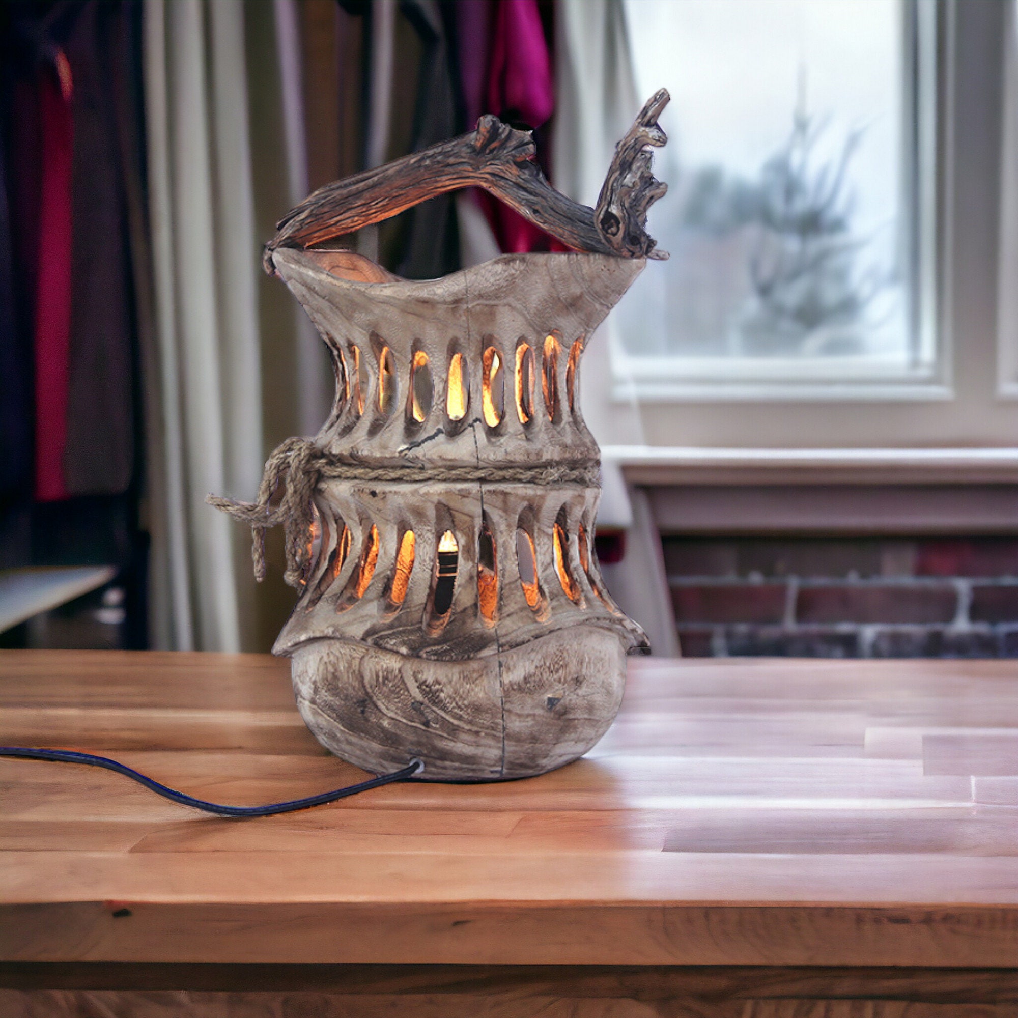 Rustic Hand Carved Wooden Table Lamp, Vintage Farmhouse Decorative ...