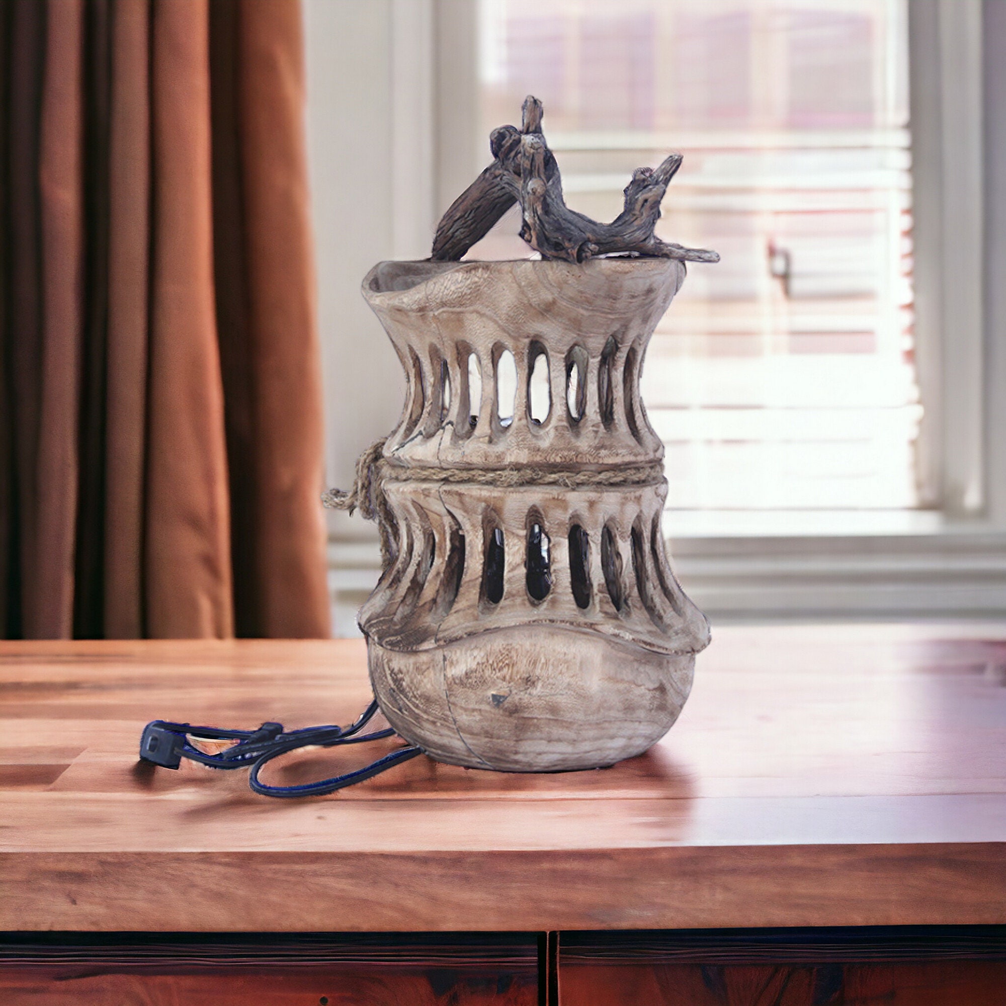 Rustic Hand Carved Wooden Table Lamp, Vintage Farmhouse Decorative ...