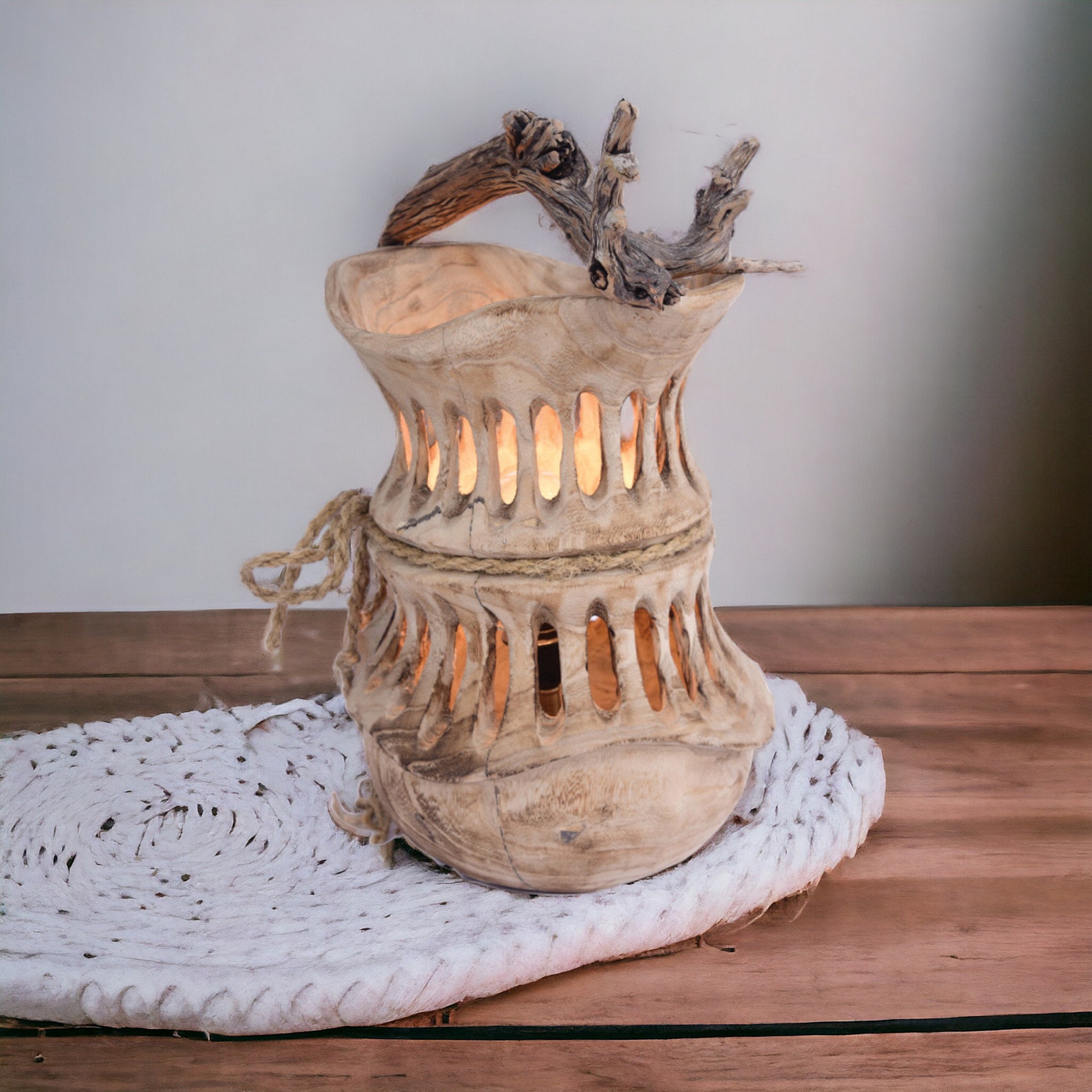 Rustic Hand Carved Wooden Table Lamp, Vintage Farmhouse Decorative ...