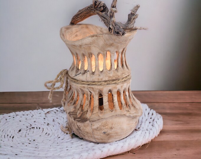 Rustic Hand Carved Wooden Table Lamp, Vintage Farmhouse Decorative ...