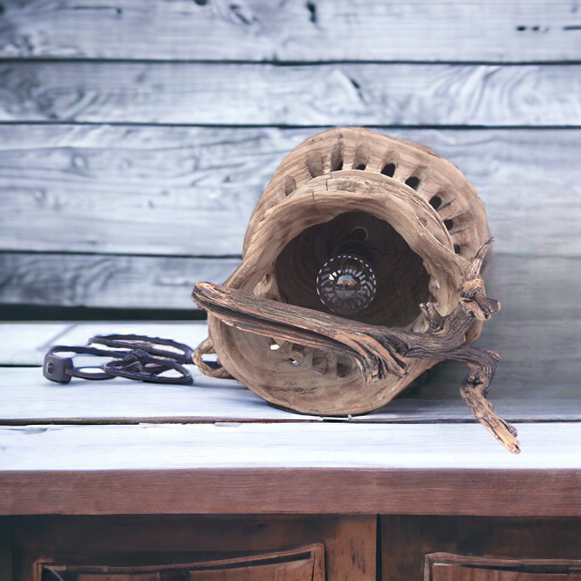Rustic Hand Carved Wooden Table Lamp, Vintage Farmhouse Decorative ...