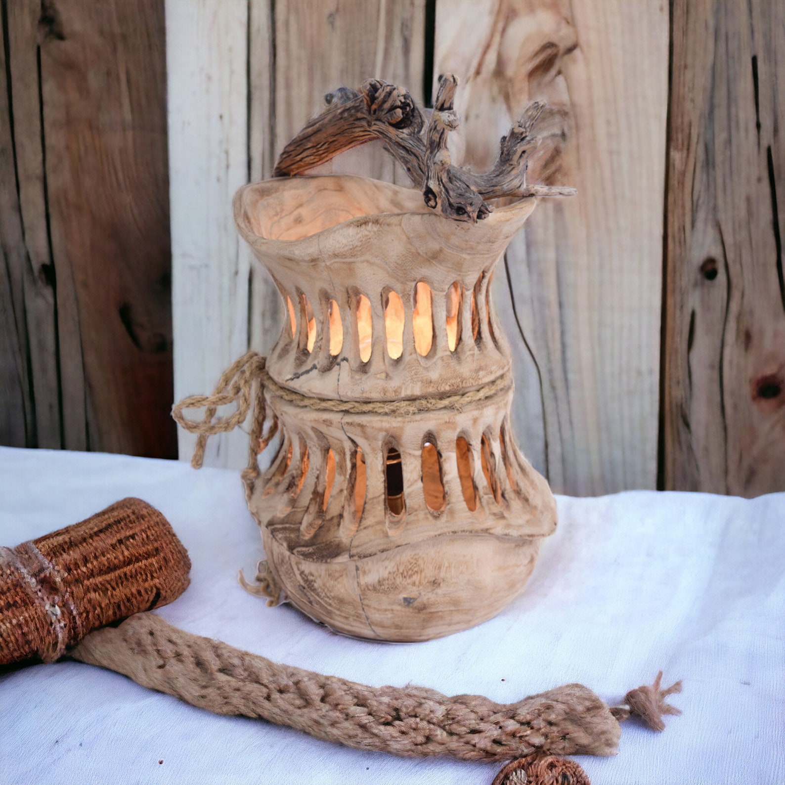 Rustic Hand Carved Wooden Table Lamp, Vintage Farmhouse Decorative ...