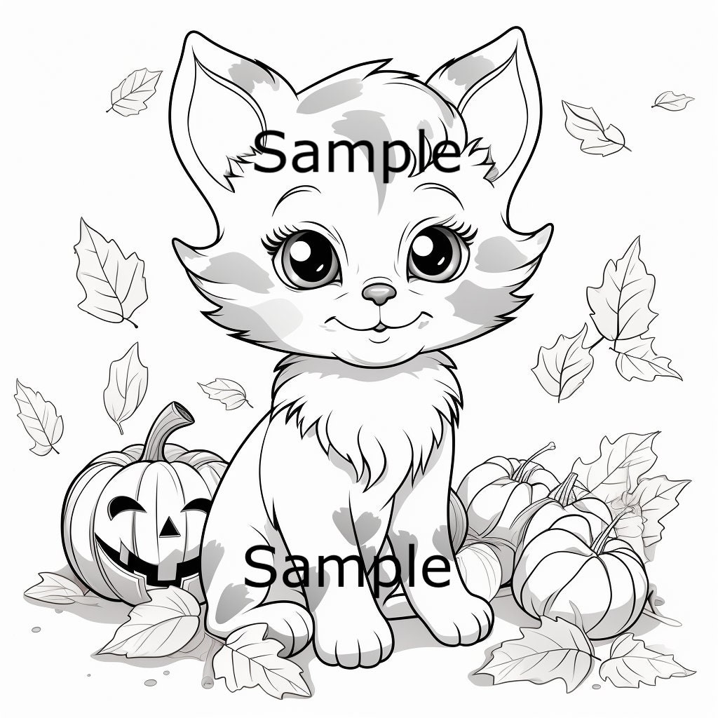 Kitten Autumn Coloring Pages for Kids - Etsy
