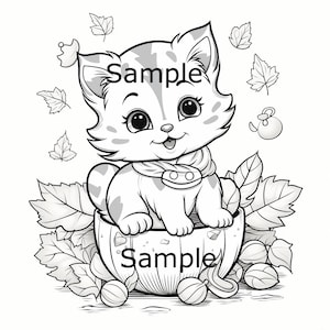 Kitten Autumn Coloring Pages for Kids - Etsy