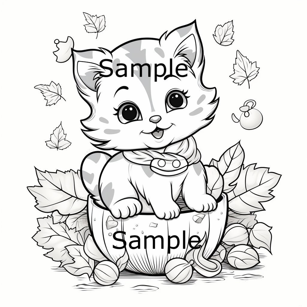 Kitten Autumn Coloring Pages for Kids - Etsy