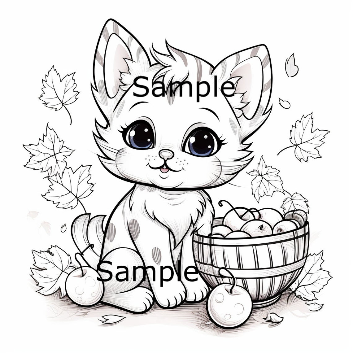 Kitten Autumn Coloring Pages for Kids - Etsy