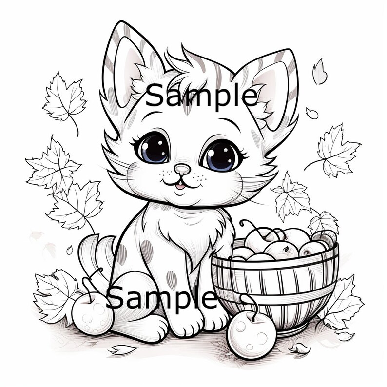 Kitten Autumn Coloring Pages for Kids - Etsy