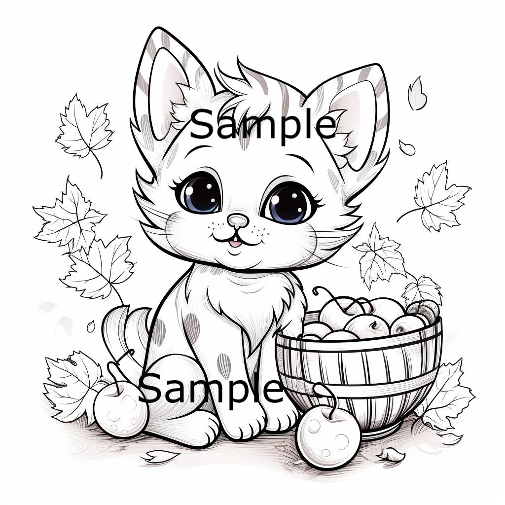 Kitten Autumn Coloring Pages for Kids - Etsy