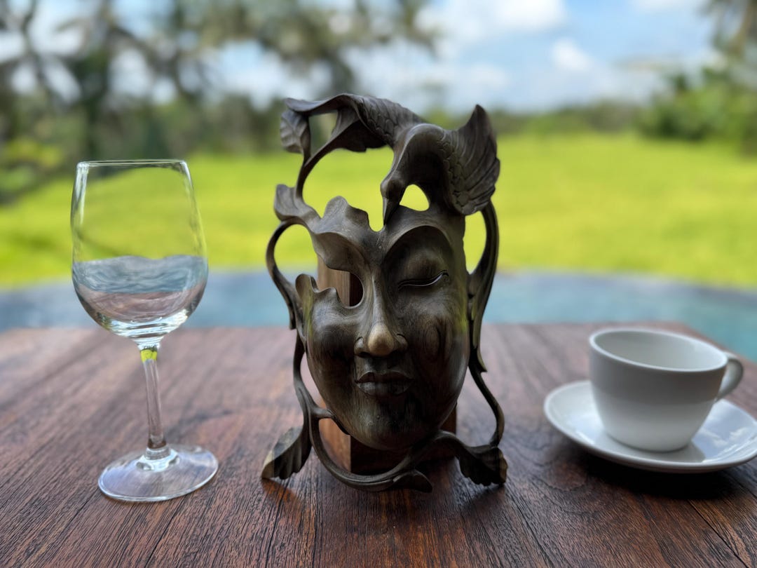 Hand-carved Hibiscus Wooden Mask - Mystical Smiling Face With Shh ...