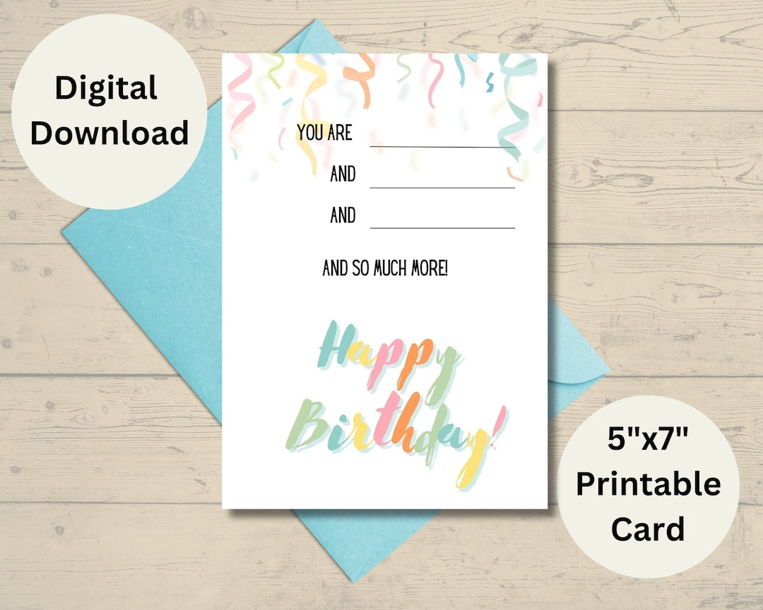 Printable Fill-in-the-blank Birthday Card With Streamers (PDF) - Etsy