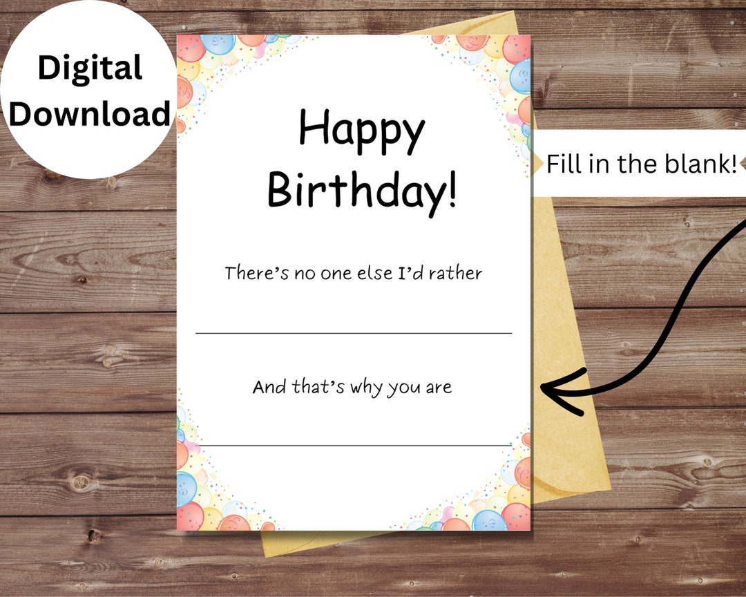 Printable Fill-in-the-blank Birthday Card (PDF) - Etsy