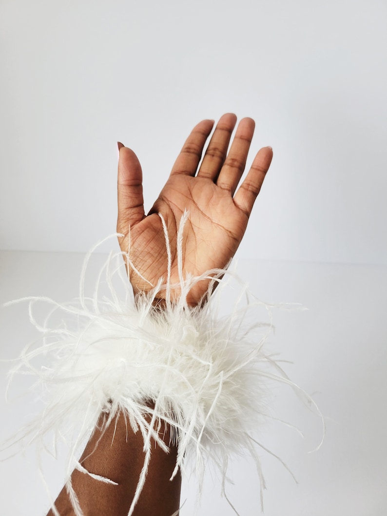 White Fluffy Real Feather Cuffs, Ostrich Feather Cuffs, 90s Style Feather Cuff, Art Deco Style ...
