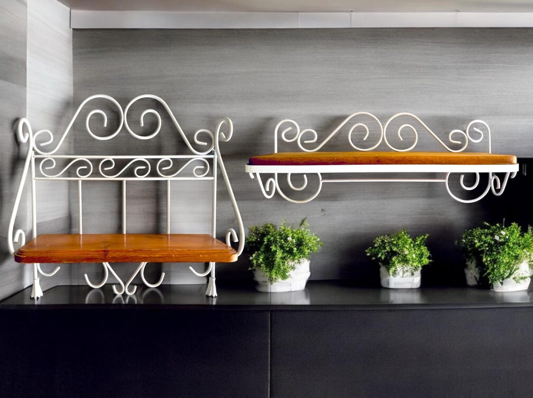 Vintage Wood and Scrolled Metal Wall Shelf, White Metal, Bathroom Shelf ...