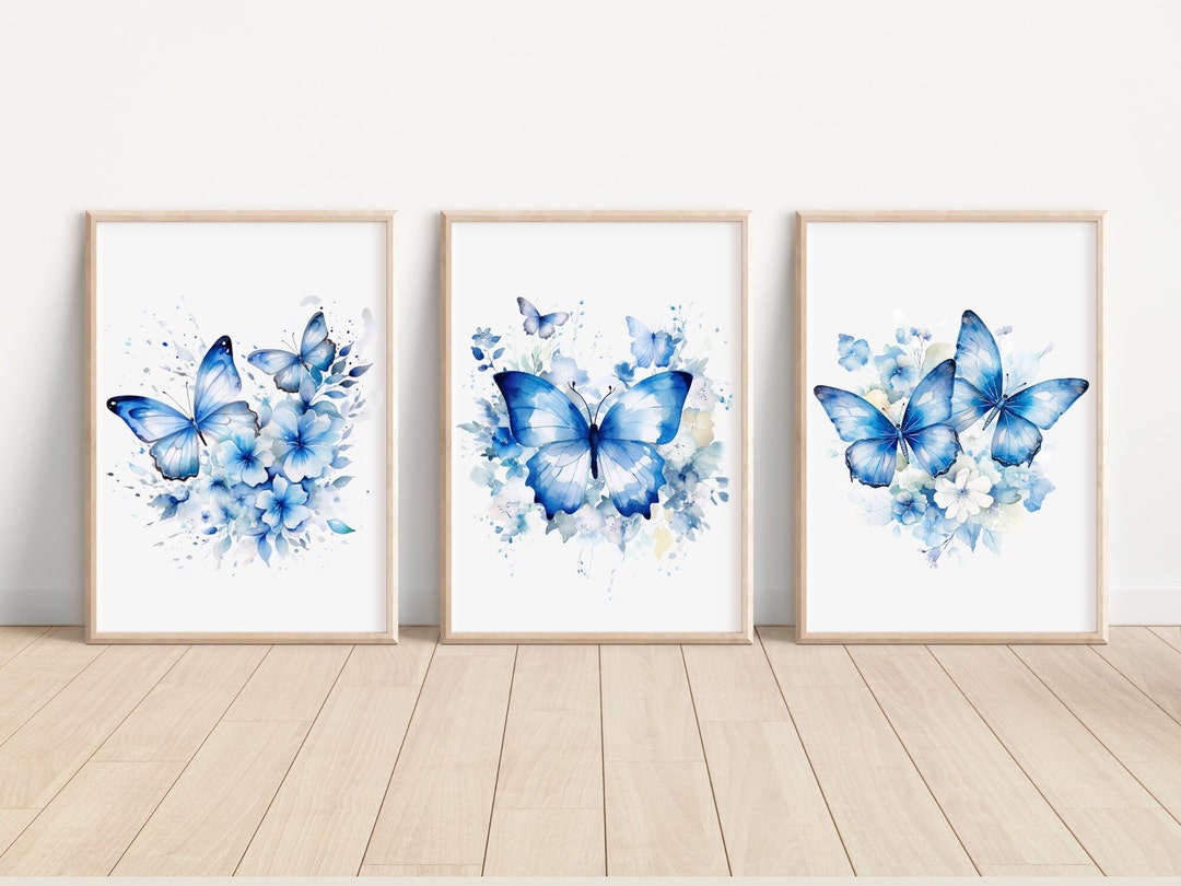 Set of 3 Watercolor Blue Butterfly Flower Prints Blue Butterfly Floral ...