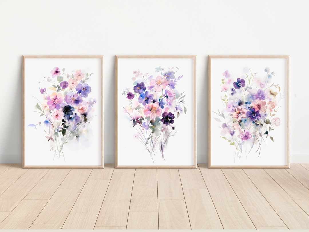 Violet Flower Art Prints Set of 3 Watercolor Violet Flower Flower ...