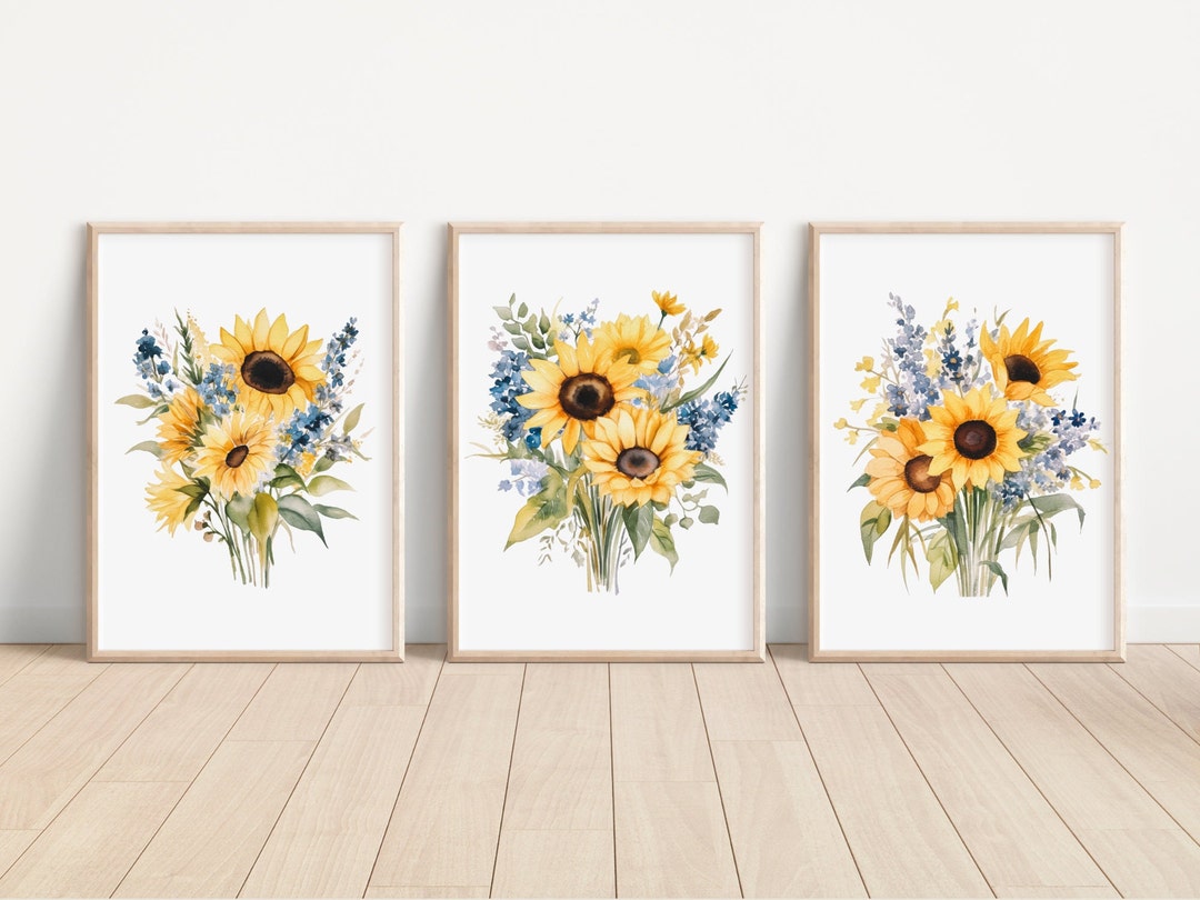 Sunflower Wall Art Print Set of 3 Watercolor Sunflower Print Sunflower ...