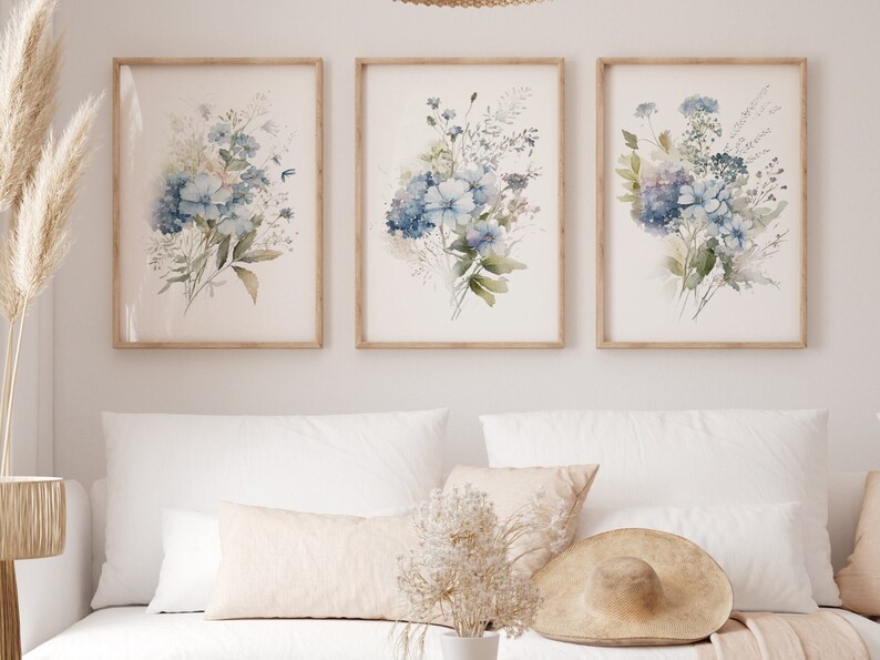 Bohemian Blue Flower Wall Art Prints Set of 3 Watercolor Bohemian Blue ...