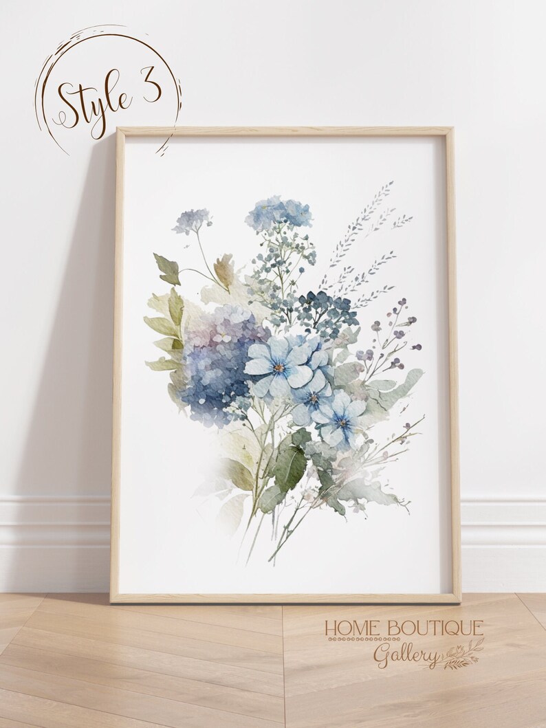 Bohemian Blue Flower Wall Art Prints Set of 3 Watercolor Bohemian Blue ...