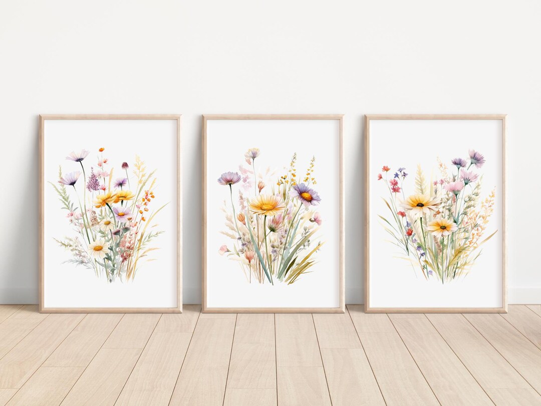 Set of 3 Watercolor Wildflower Print Wildflower Home Decor Wall Art for ...