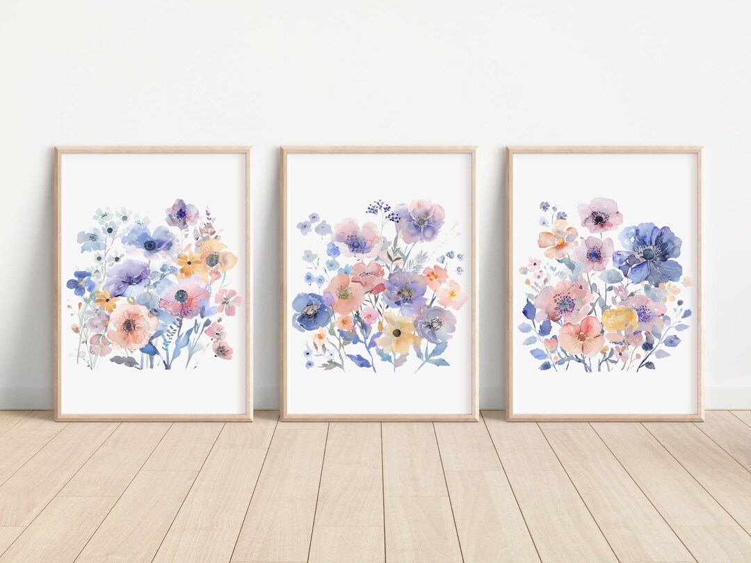 Pastel Purple Flower Art Prints Set of 3 Watercolor Abstract Flower ...