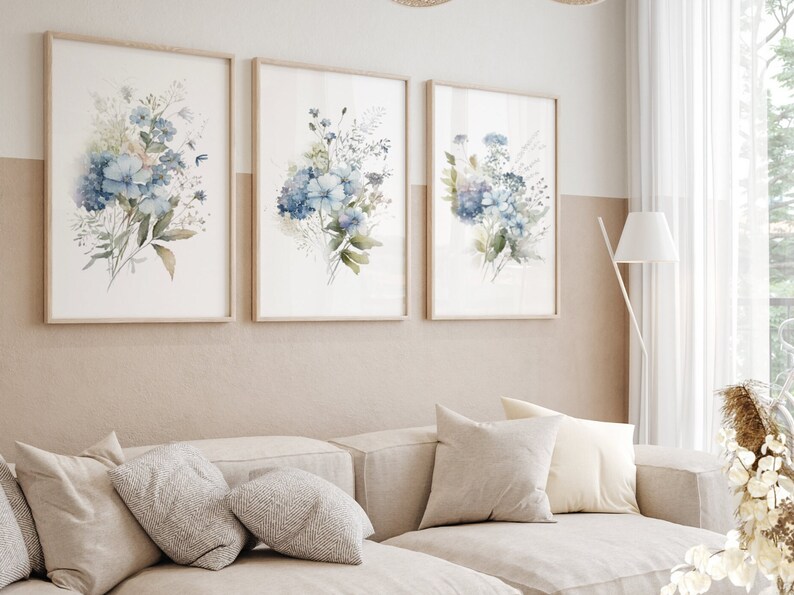 Bohemian Blue Flower Wall Art Prints Set of 3 Watercolor Bohemian Blue ...