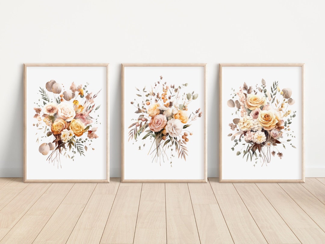 Neutral Flower Print Watercolor Set of 3 Floral Art Print Neutral ...
