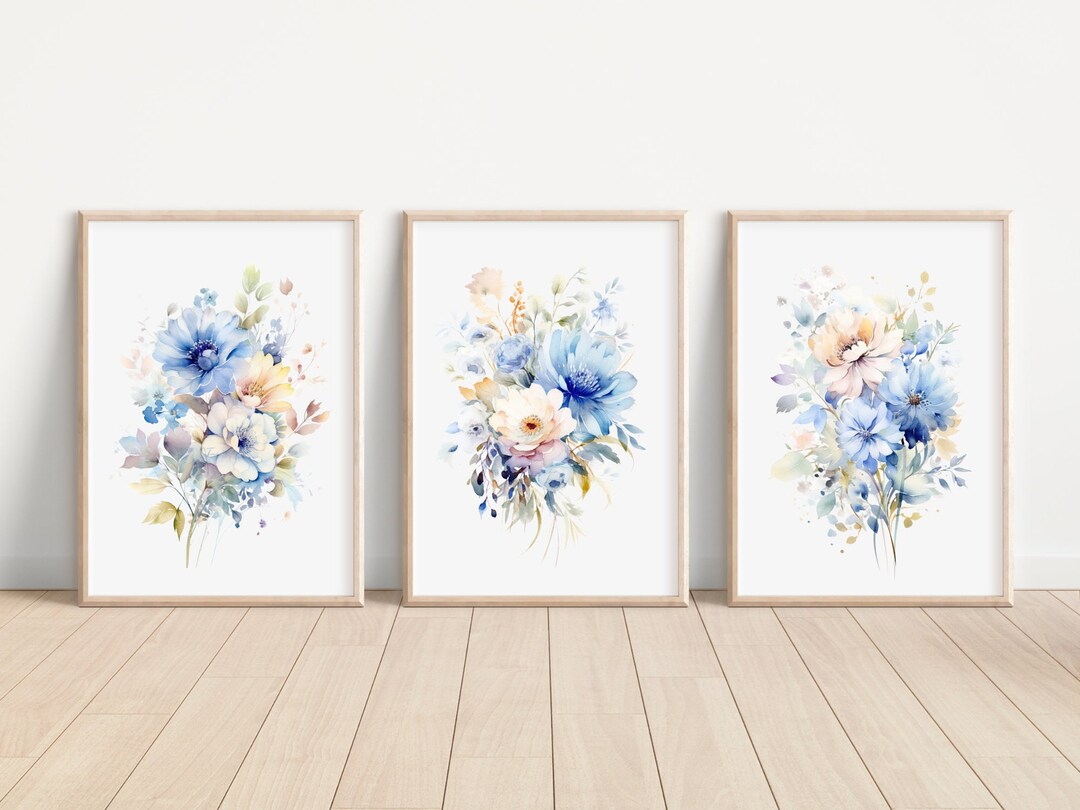 Light Blue Flower Art Prints Set of 3 Watercolor Blue Flower Print ...