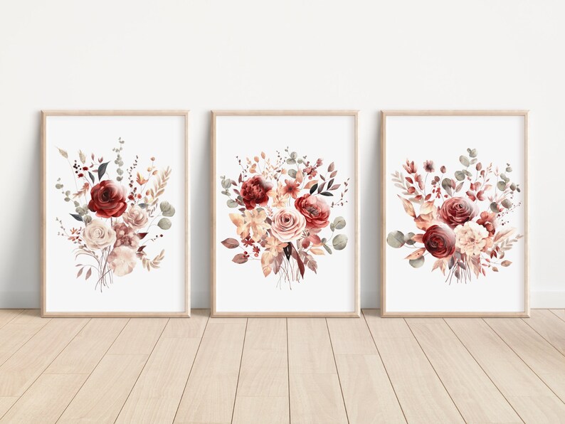 Burgundy Flower Wall Art Prints Set of 3 Watercolor Burgundy Prints ...