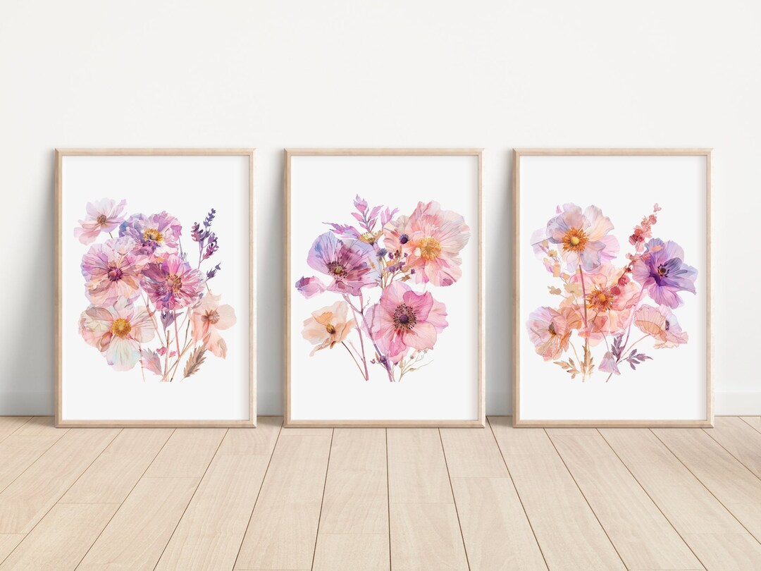 Taffy Pink Flower Art Print Set of 3 Watercolor Abstract Flower Print ...