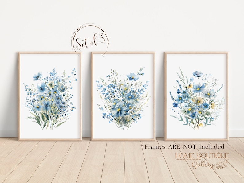Blue Wildflower Print Wild Floral Artwork Set of 3 Watercolor Blue ...
