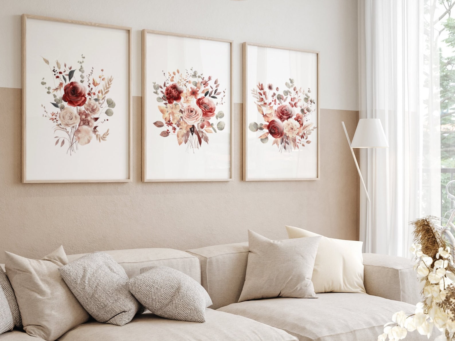 Burgundy Flower Wall Art Prints Set of 3 Watercolor Burgundy Prints ...