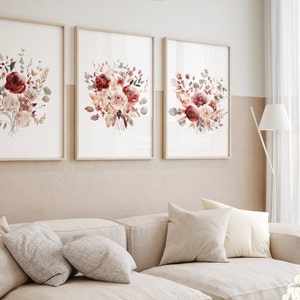Burgundy Flower Wall Art Prints Set of 3 Watercolor Burgundy Prints ...