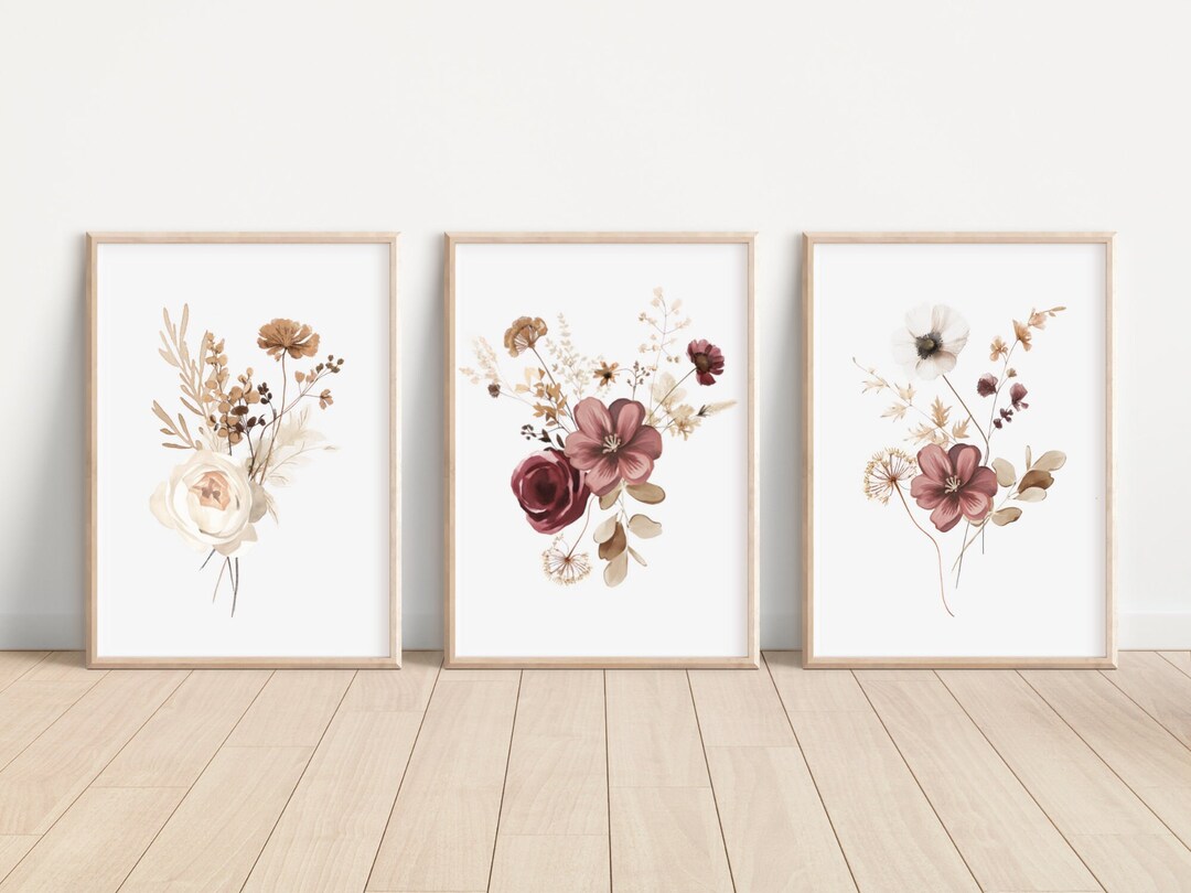 Set of 3 Watercolor Autumn Flower Print Autumn Floral Wall Art Prints ...