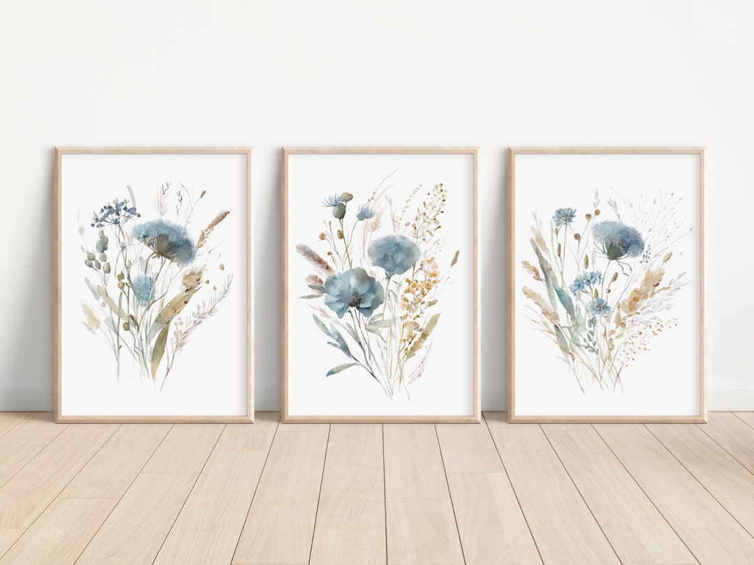 Set of 3 Watercolor Bohemian Blue Prints Bohemian Flower Art Prints ...