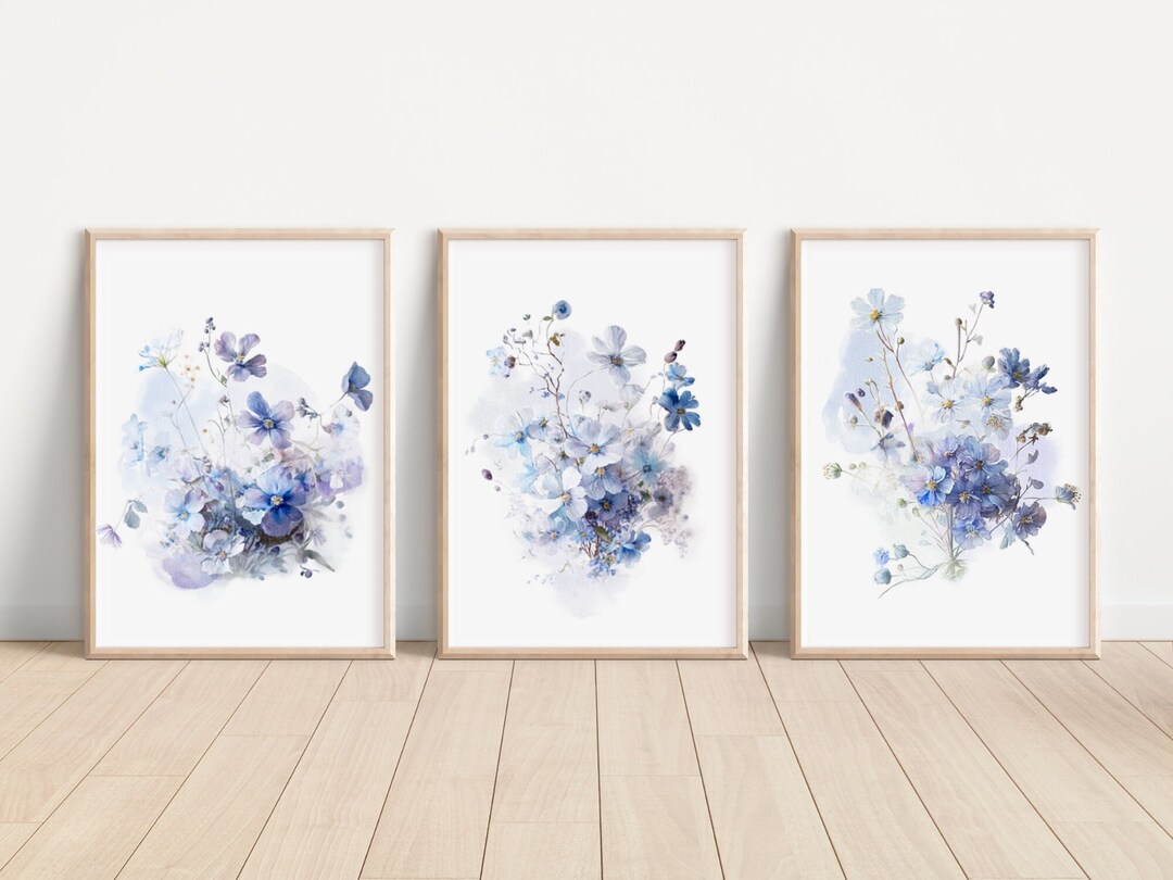Blue Wildflower Art Print Set of 3 Watercolor Blue Wildflower Print ...