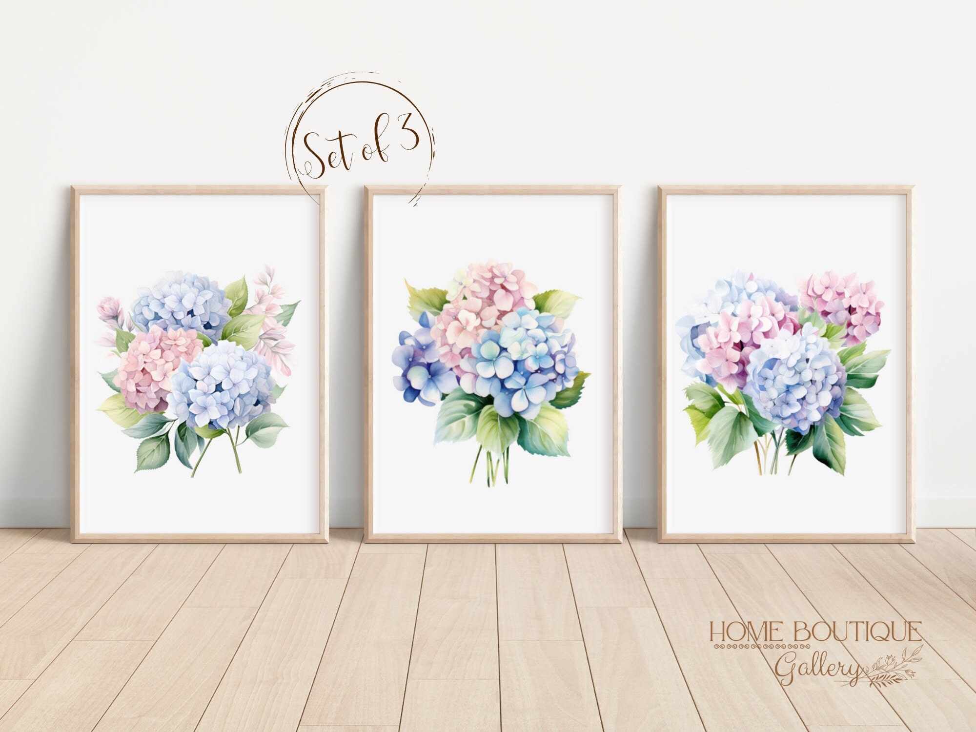 Pastel Hydrangea Flower Art Prints Set of 3 Watercolor Hydrangea Flower ...